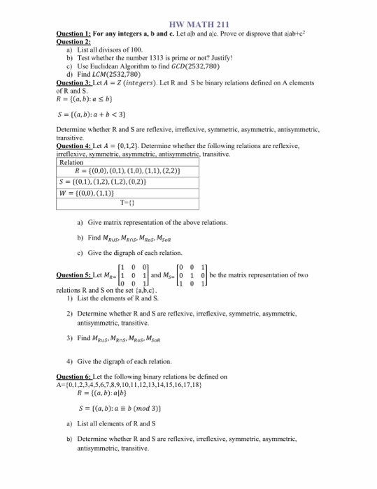 Solved Relation HW MATH 211 Question 1: For any integers a, | Chegg.com
