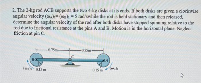 Solved 2. The 2-kg rod ACB supports the two 4-kg disks at | Chegg.com