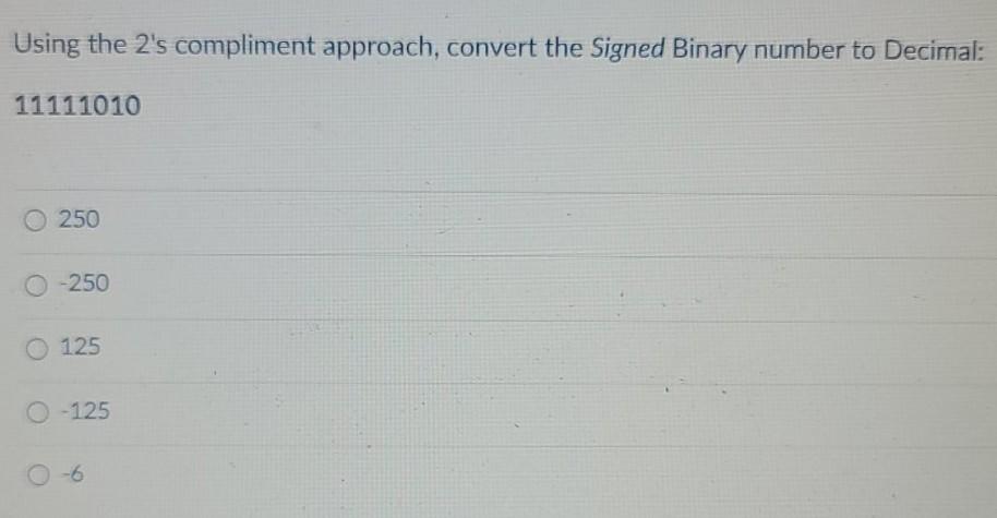 Solved Using the 2's compliment approach, convert the Signed | Chegg.com