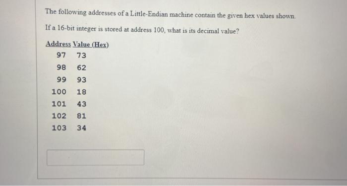 Solved The following addresses of a Little Endian machine | Chegg.com