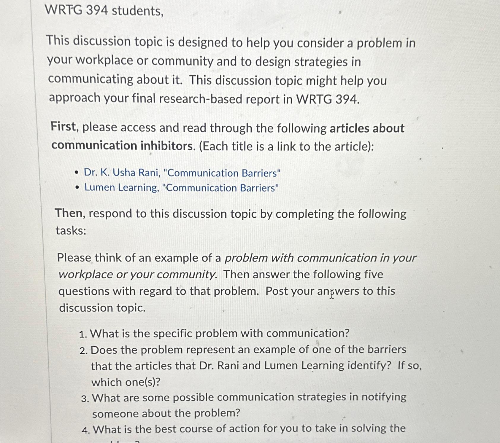 Solved WRTG 394 ﻿students,This discussion topic is designed | Chegg.com