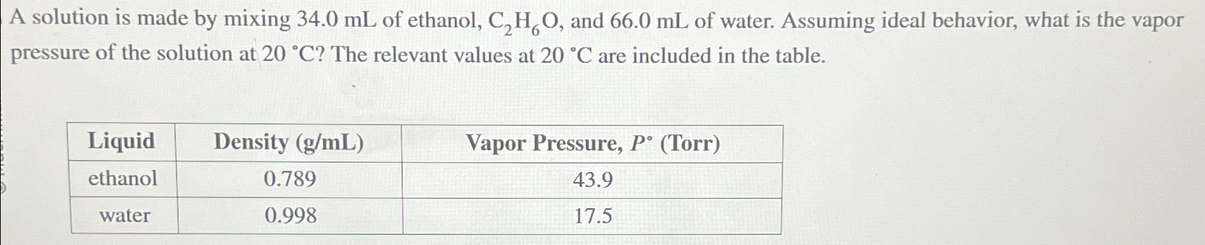 Solved A solution is made by mixing 34.0mL ﻿of ethanol, | Chegg.com