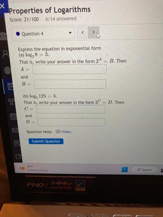 Solved Properties of Logarithms Score: 21/1004/14 answered | Chegg.com