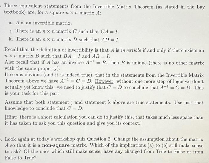 Solved Three equivalent statements from the Invertible | Chegg.com
