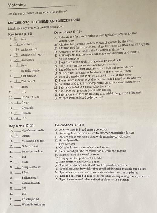 Solved Matching Use choices only once unless otherwise | Chegg.com