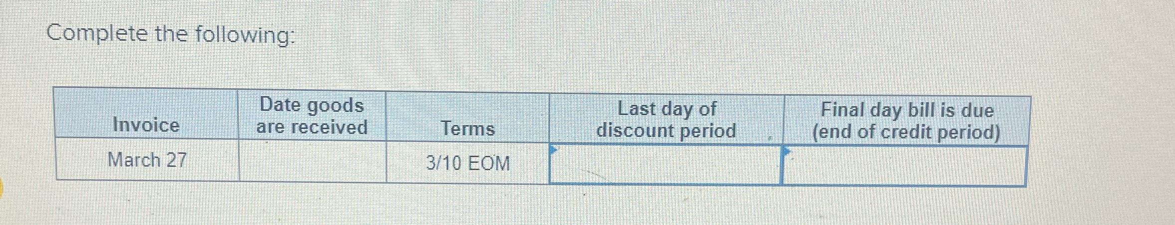 Solved Complete the following:\table[[Invoice,\table[[Date | Chegg.com
