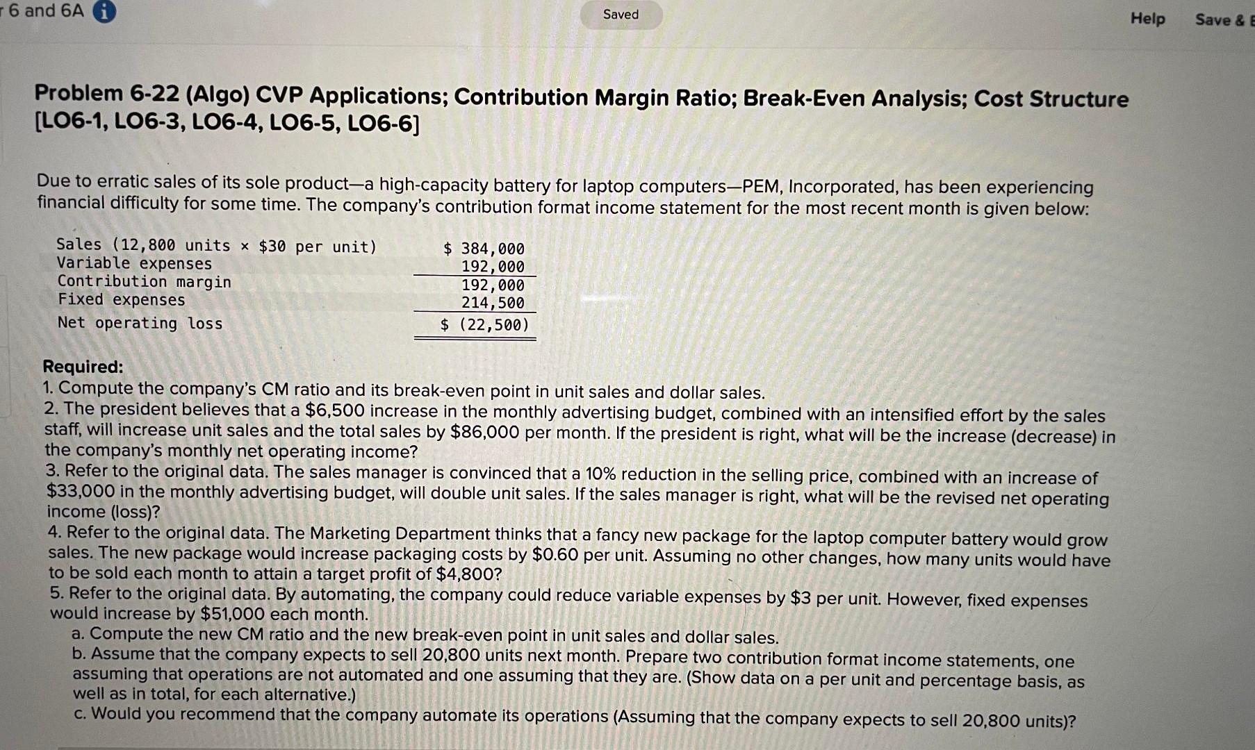Solved Problem 6-22 (Algo) CVP Applications; Contribution | Chegg.com