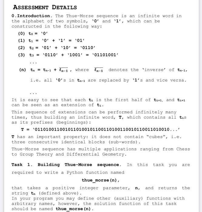 Solved ASSESSMENT DETAILS 0. Introduction. The Thue-Morse | Chegg.com
