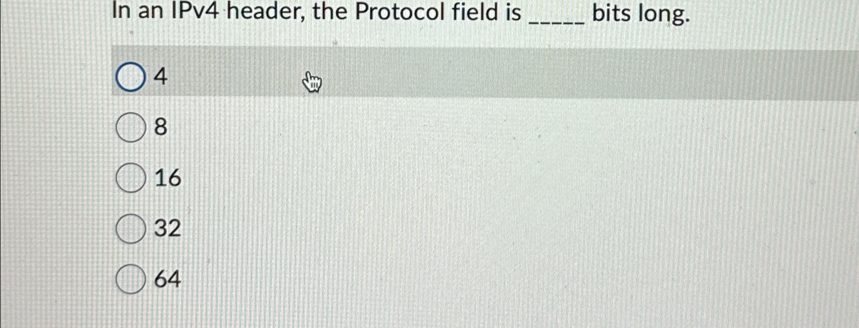 Solved In an IPv4 ﻿header, the Protocol field is bits | Chegg.com