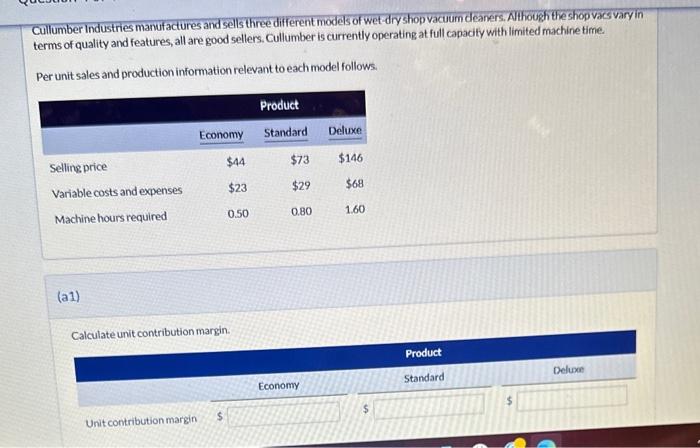 Solved Cullumber industries manufactures and sells three | Chegg.com