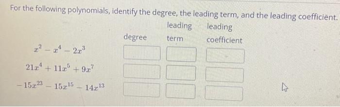 Solved For the following polynomials, identify the degree, | Chegg.com