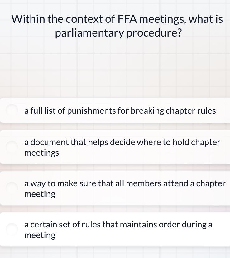 Solved Within the context of FFA meetings, what is | Chegg.com
