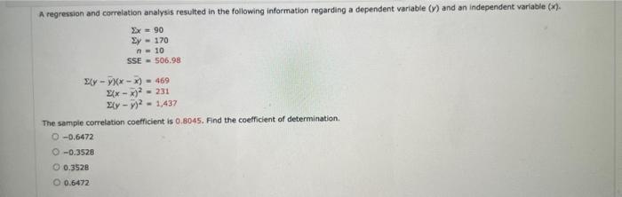 Solved A regression and correlation analysis resulted in the | Chegg.com