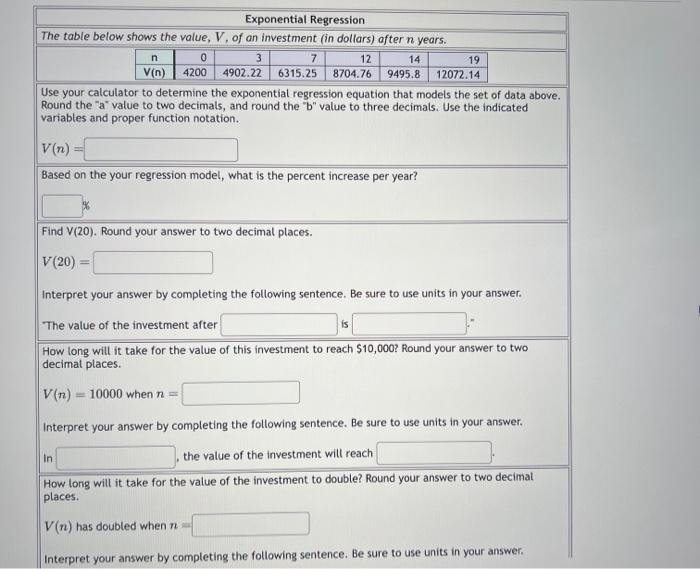 Solved Exponential Regression The table below shows the | Chegg.com
