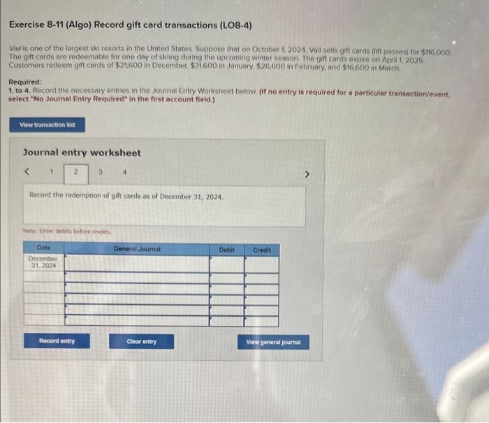Solved Exercise 8-11 (Algo) Record gift card transactions | Chegg.com