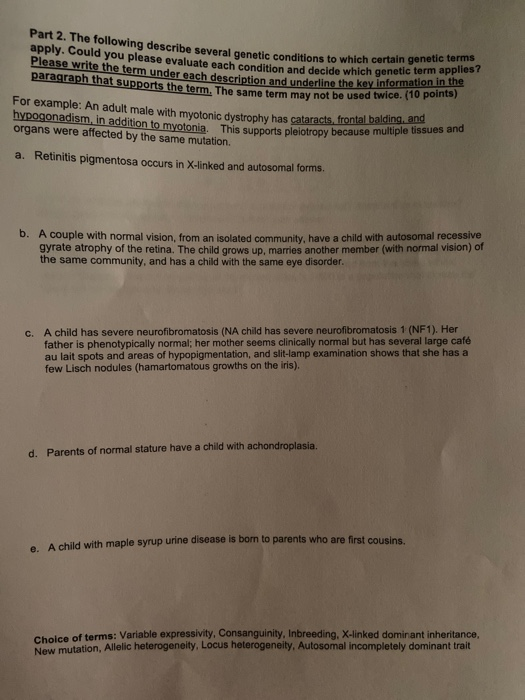 Solved Part 2. The following describe several genetic | Chegg.com