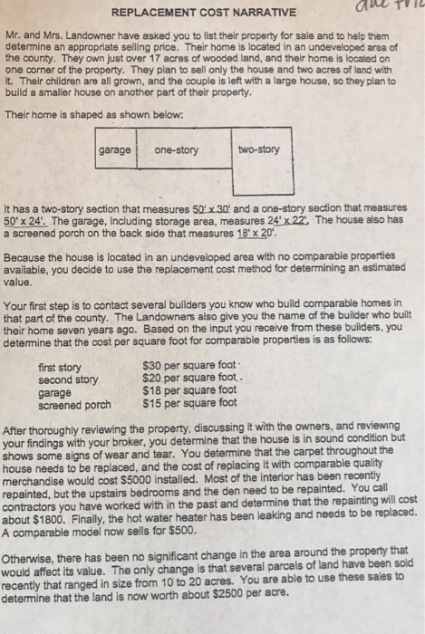 Solved REPLACEMENT COST NARRATIVE Mr And Mrs Landowner Chegg