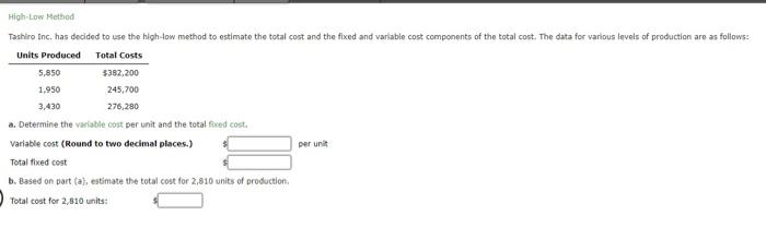 Solved a. Determine the variable cost per unit and the total | Chegg.com