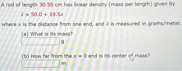 Solved A rod of length 30.50 cm has linear density (mass per | Chegg.com
