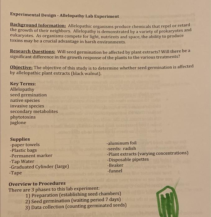 Solved Experimental Design - Allelopathy Lab Experiment | Chegg.com