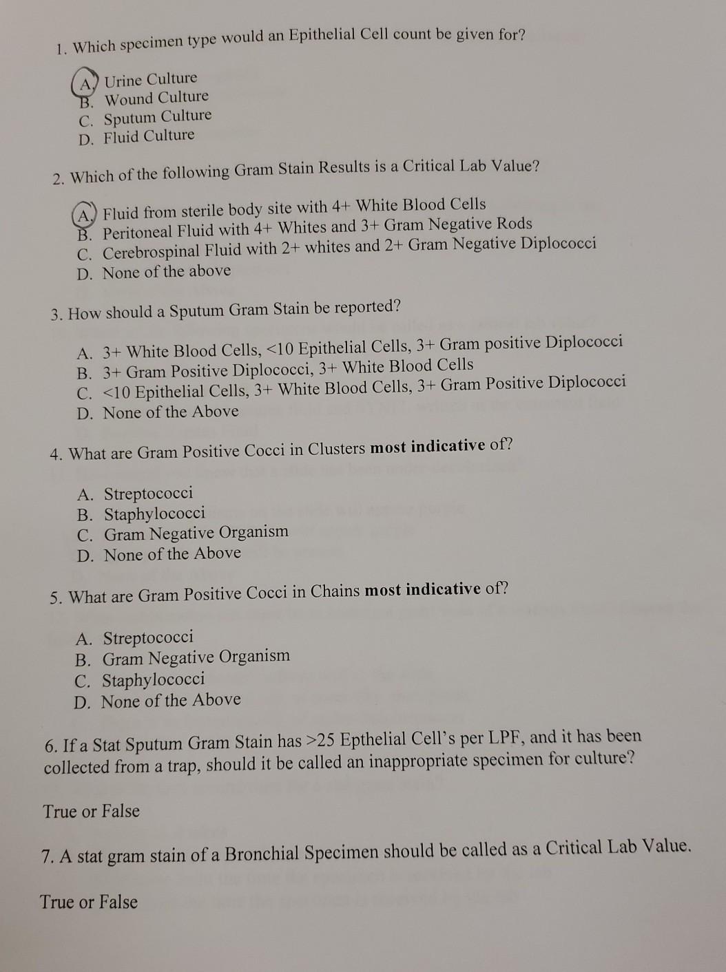 Solved 1. Which specimen type would an Epithelial Cell count | Chegg.com