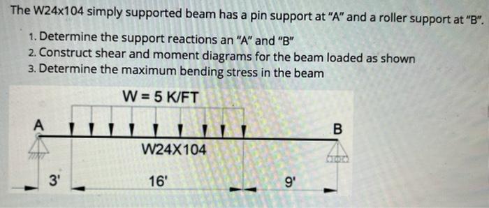 Solved The W24x104 simply supported beam has a pin support | Chegg.com