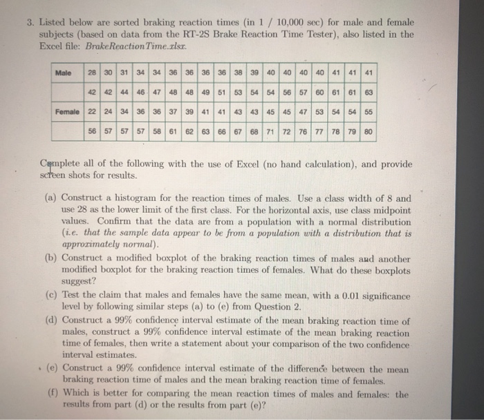 Solved 3. Listed below are sorted braking reaction times in | Chegg.com