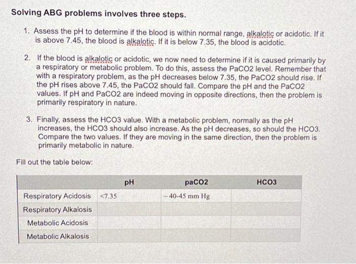 Solved Solving ABG problems involves three steps. 1. Assess | Chegg.com
