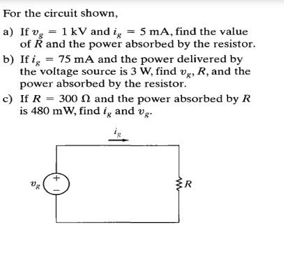 Solved For the circuit shown,a) ﻿If vg=1kV ﻿and ig=5mA, | Chegg.com