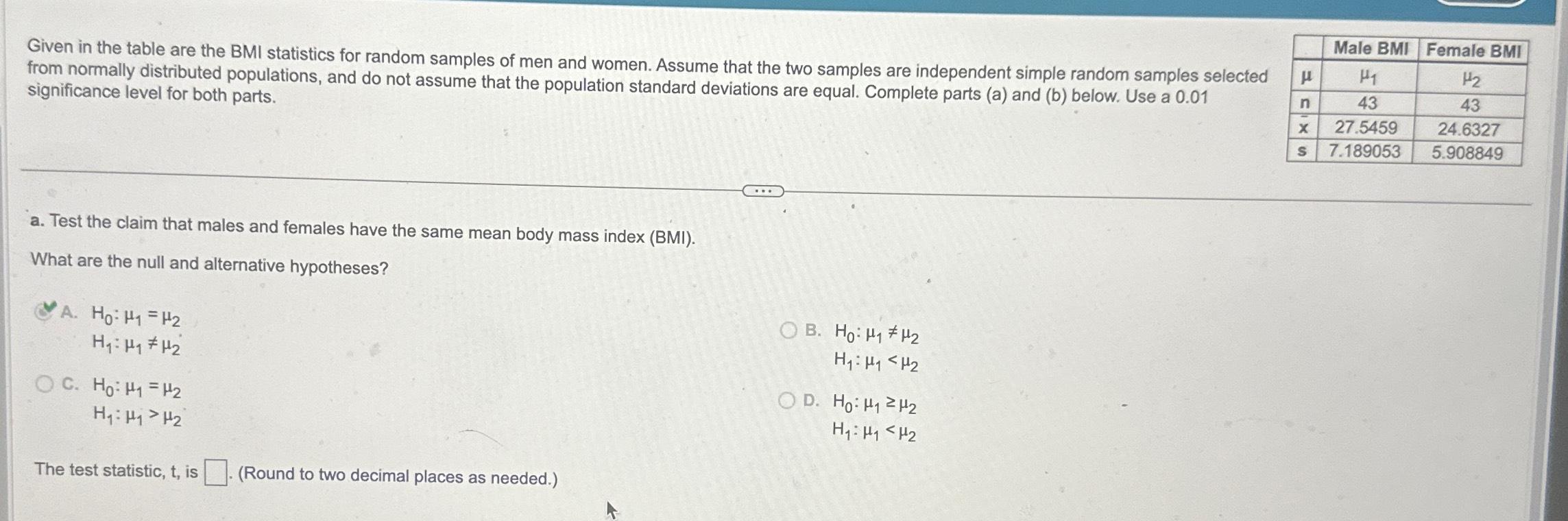 Solved Given in the table are the BMI statistics for random | Chegg.com