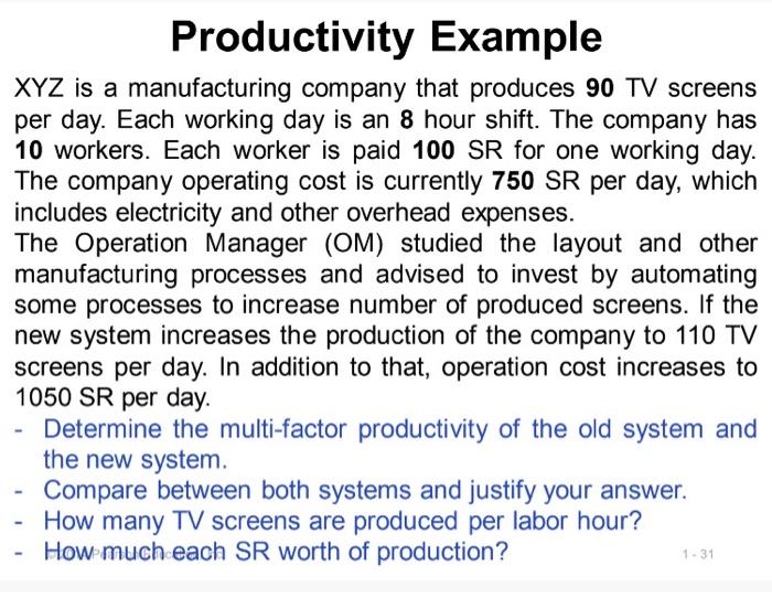Solved Productivity Example XYZ is a manufacturing company | Chegg.com
