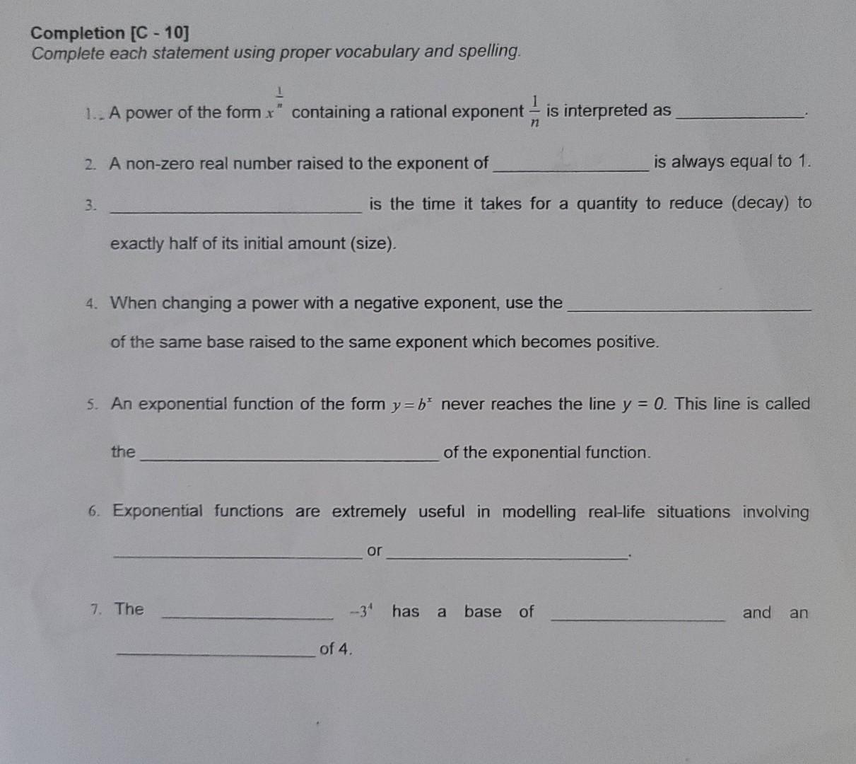 Solved Completion [C-10] Complete each statement using | Chegg.com
