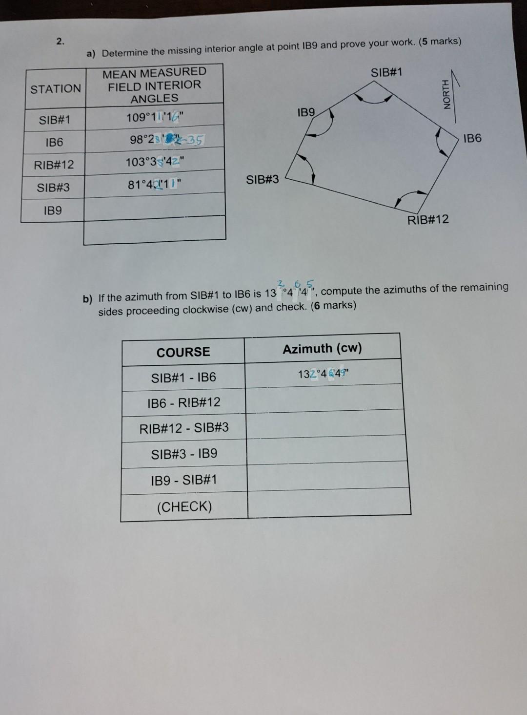 Solved a) Determine the missing interior angle at point IB9 | Chegg.com