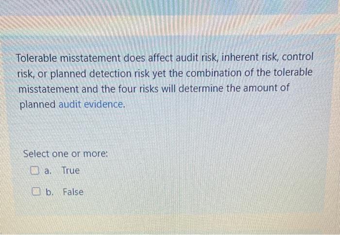 Solved Tolerable misstatement does affect audit risk, | Chegg.com