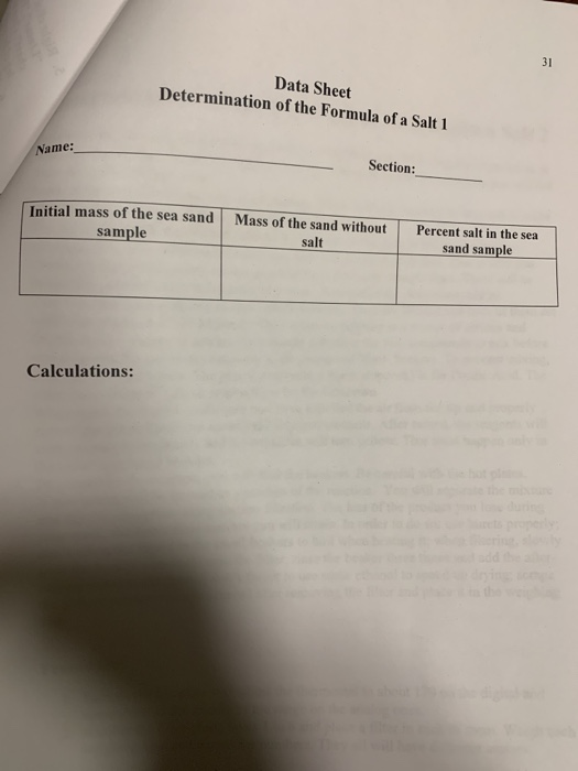 Data Sheet Determination of the Formula of a Salt 1 | Chegg.com