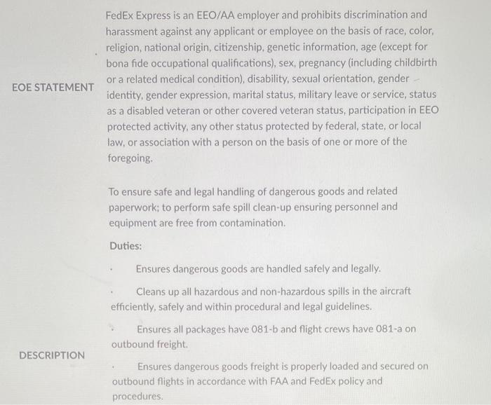 Solved FedEx Express is an EEO/AA employer and prohibits | Chegg.com