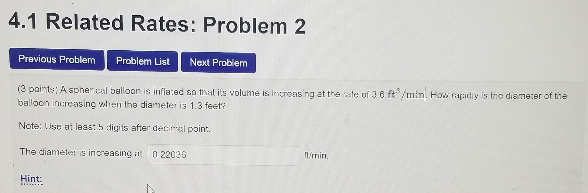 Solved 4.1 Related Rates: Problem 2 Previous Problem Problem | Chegg.com