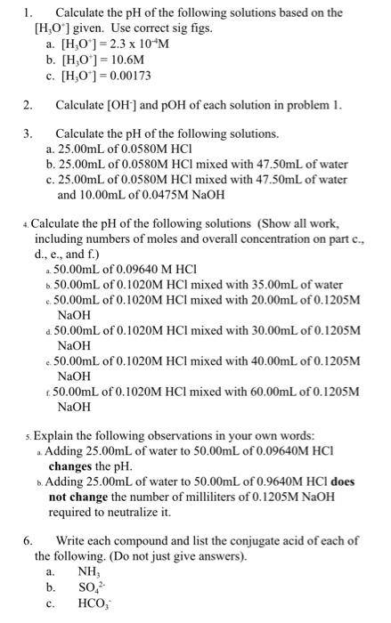 Solved a b 1. Calculate the pH of the following solutions | Chegg.com