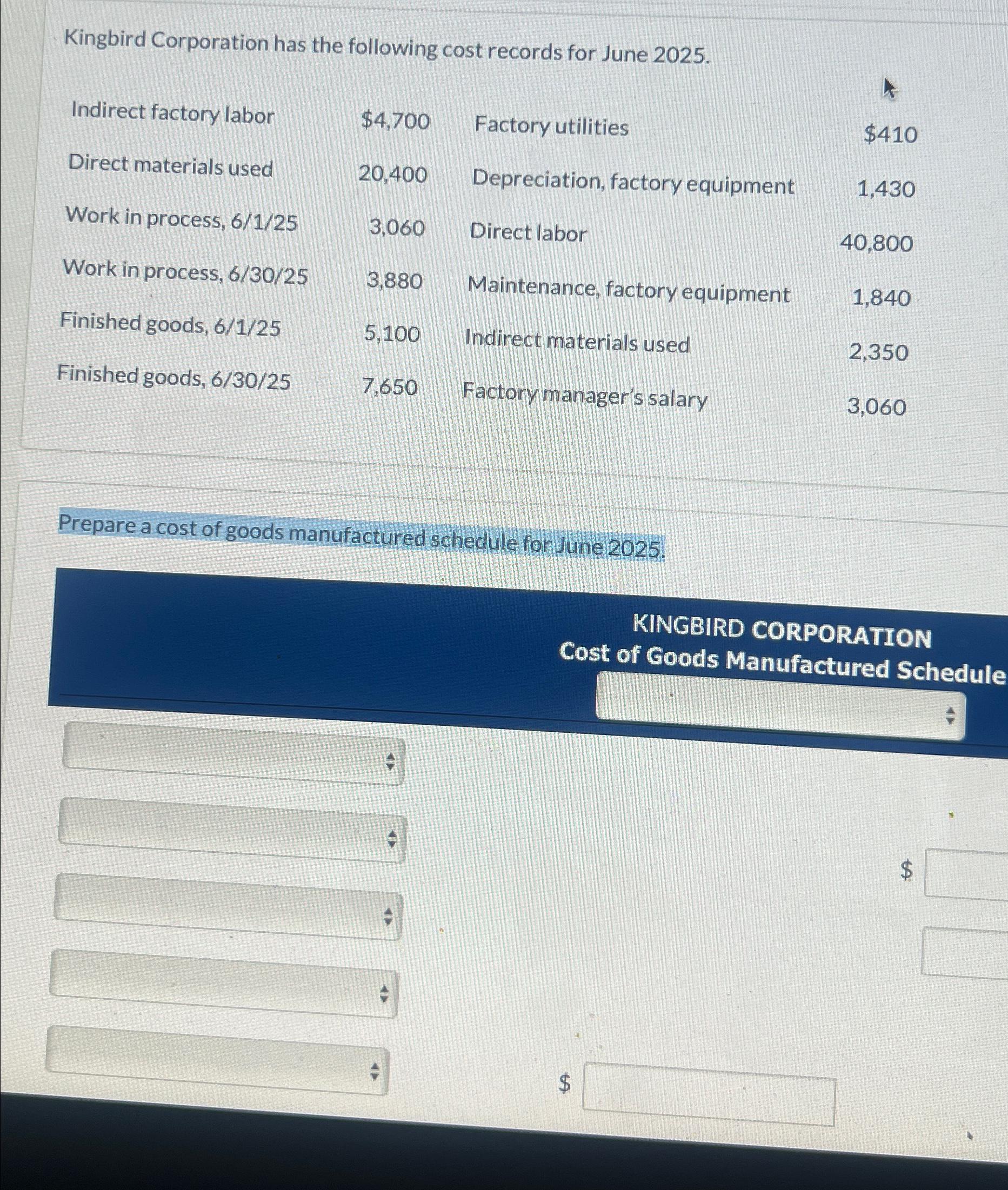 Solved Kingbird Corporation has the following cost records | Chegg.com