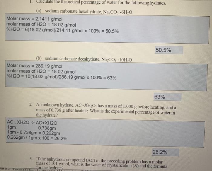 Solved ENT Calculate the theoretical percentage of water for | Chegg.com