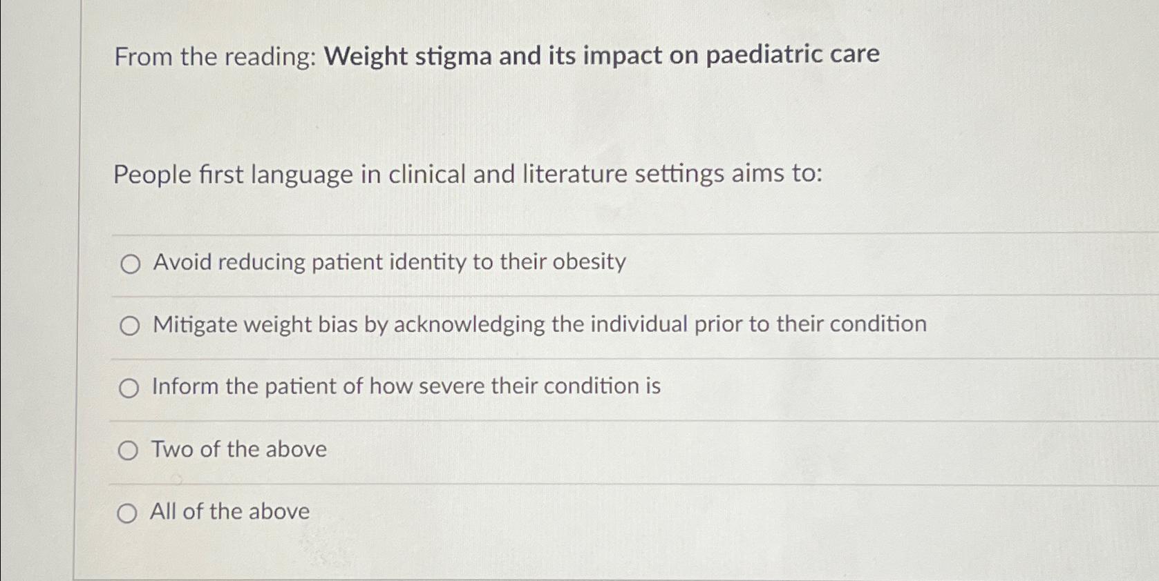 Solved From the reading: Weight stigma and its impact on | Chegg.com
