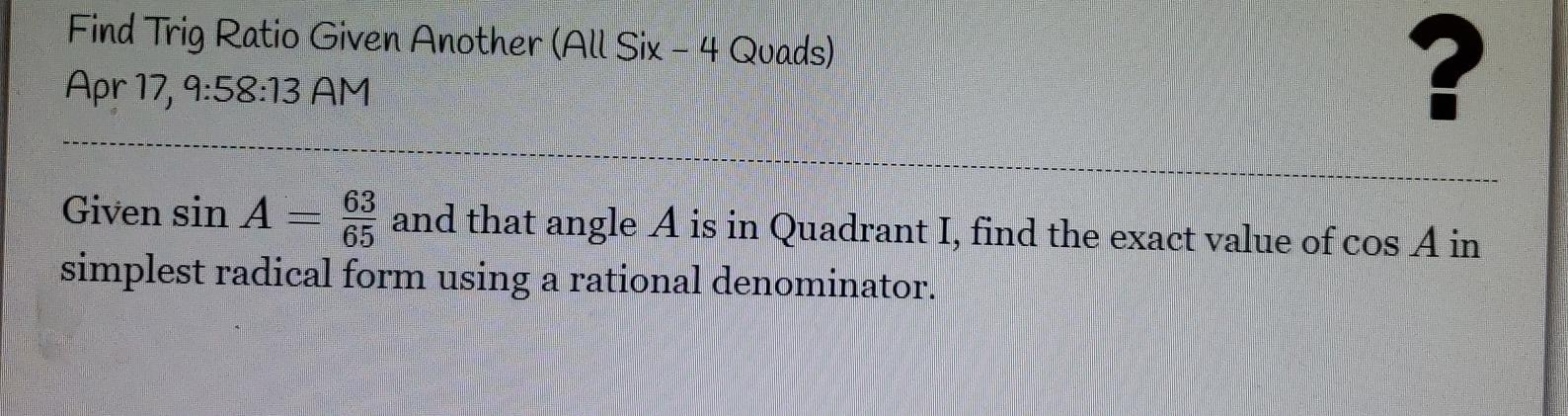 Solved find the exact value of cos A in simplest radical | Chegg.com