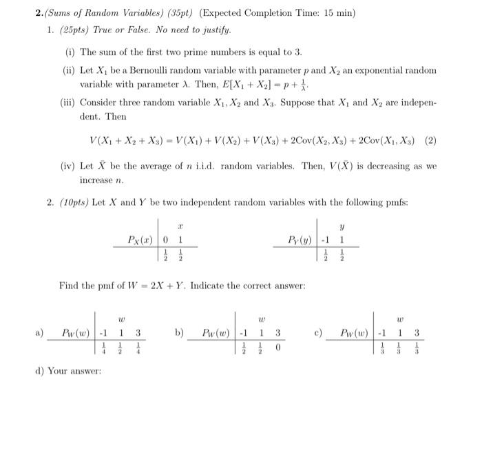 Solved 2. (Sums of Random Variables) (35pt) (Expected | Chegg.com