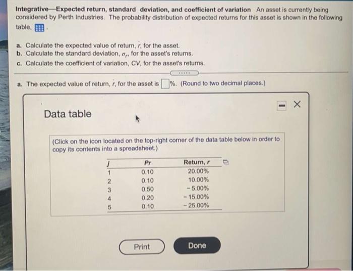 Solved Integrative-Expected return, standard deviation, and | Chegg.com