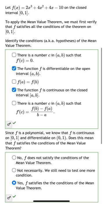 Solved Let f(x)=2x3+4x2+4x−10 on the closed interval [0,1]. | Chegg.com