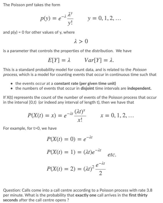 Solved The Poisson pmf takes the form PVY) = e-id y = 0, 1, | Chegg.com