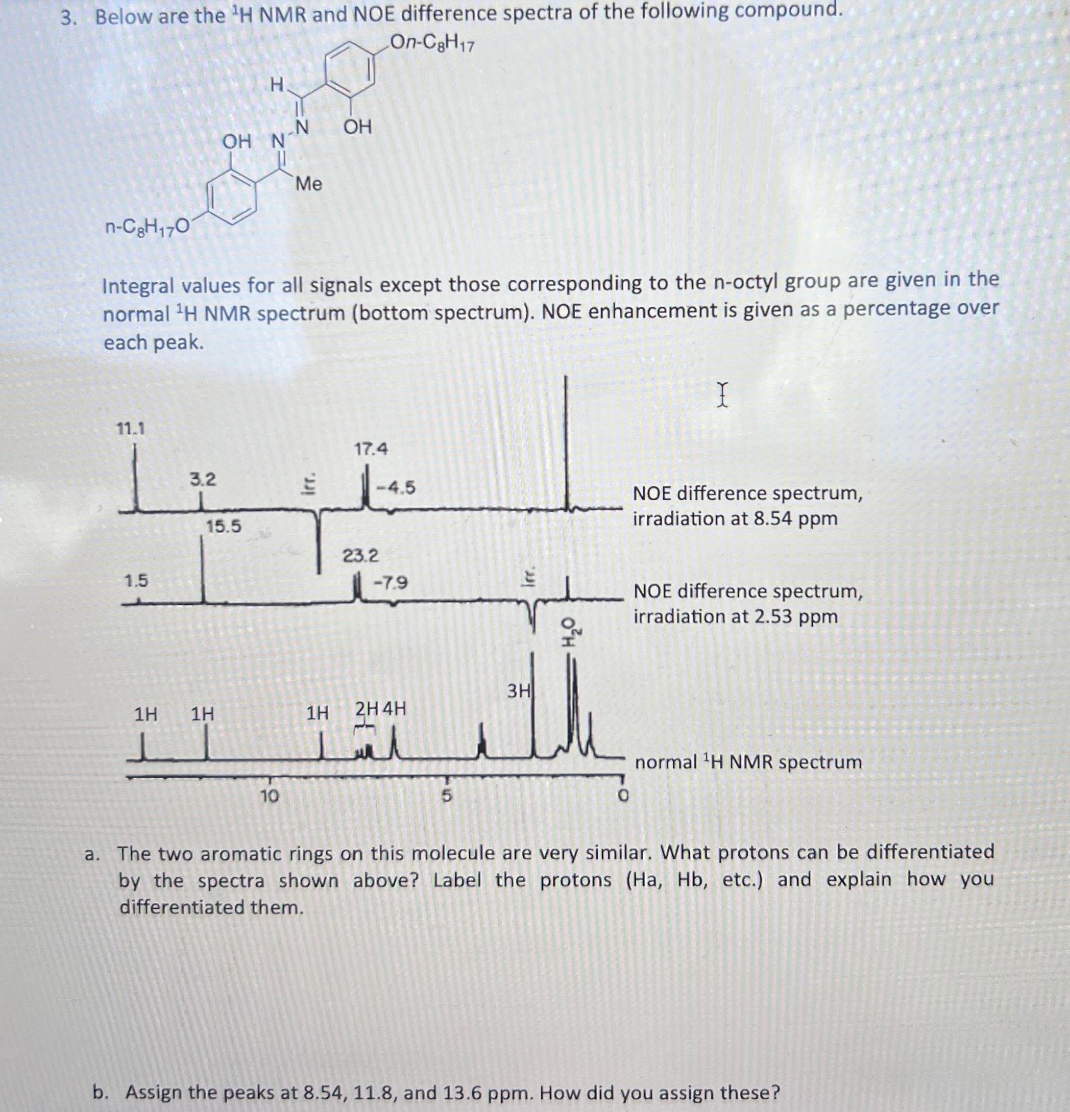 Solved Below are the ?1H ﻿NMR and NOE difference spectra of | Chegg.com