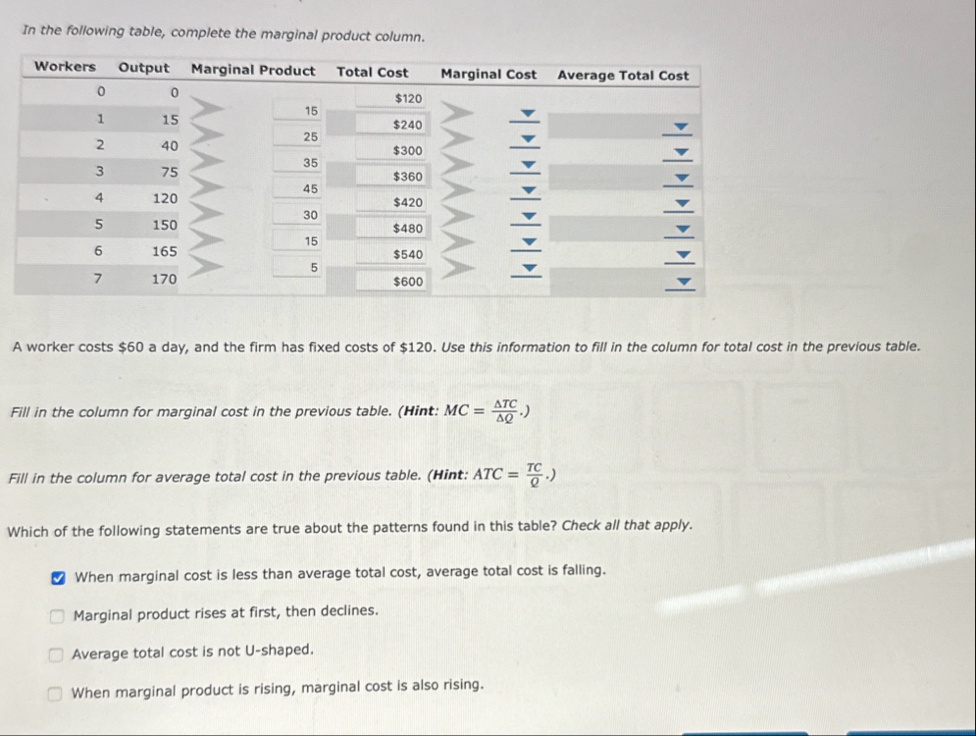 Solved In the following table, complete the marginal product | Chegg.com