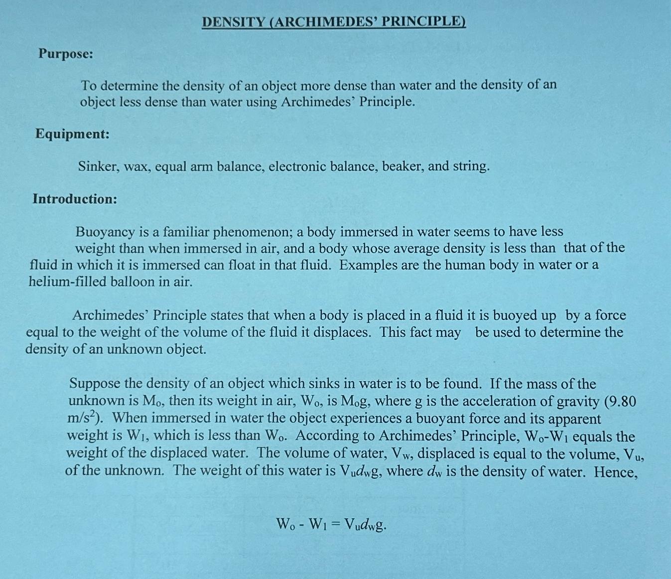 DENSITY (ARCHIMEDES' PRINCIPLE)\\nPurpose:\\nTo | Chegg.com