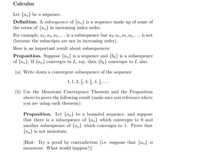 Solved Calculus Let {an} be a sequence. Definition. A | Chegg.com